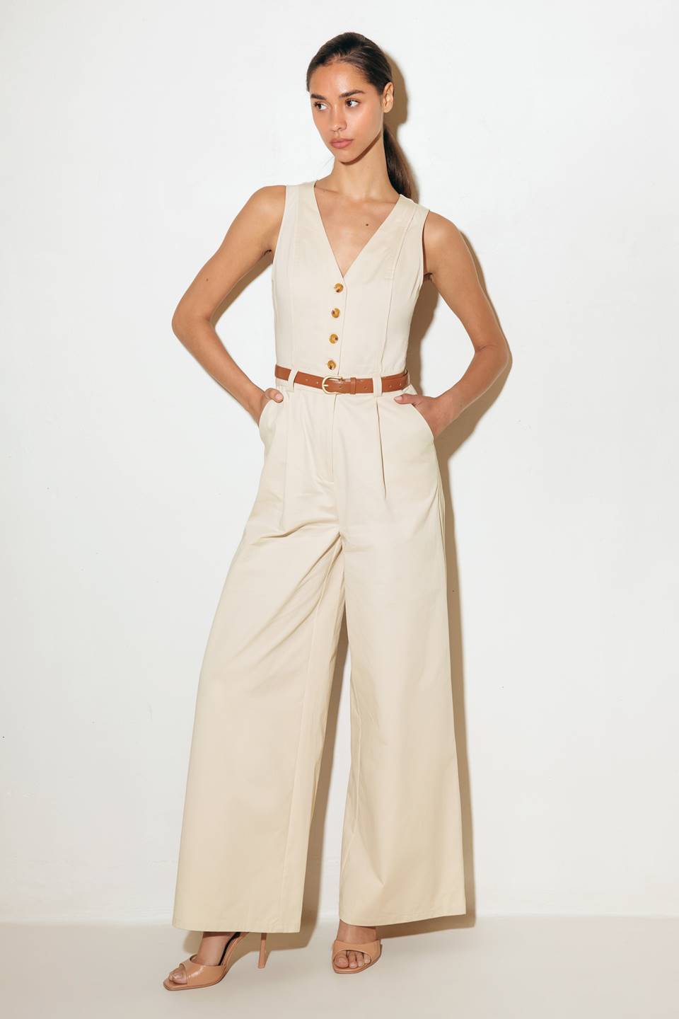 Everyday Essential Wide Leg Jumpsuit - V-Neck Surplice Back Cutout ...