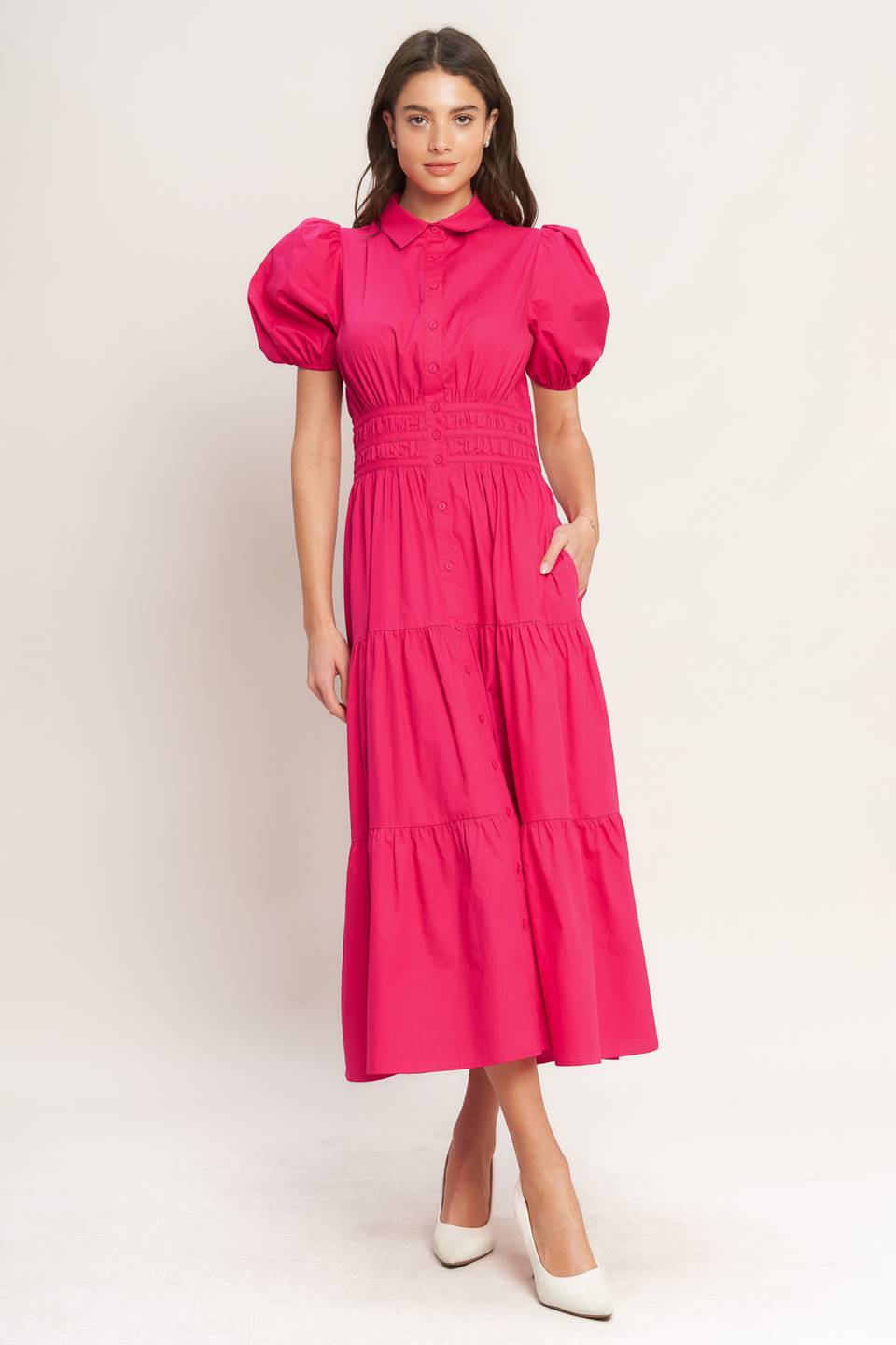 Cotton Midi Dress - Sugar Cloud Woven Dress in Fuchsia - Flying Tomato ...