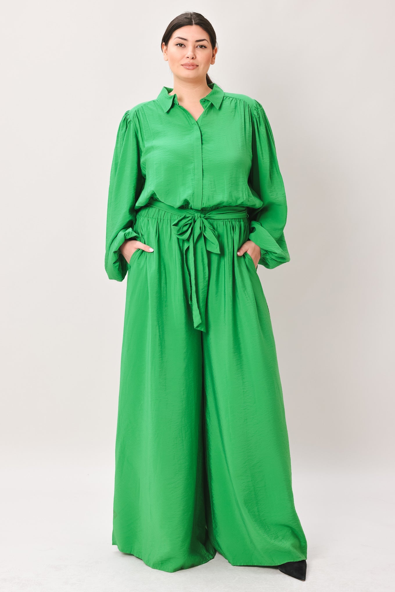 Ready for Today Woven Jumpsuit – Green Shirt Collar Button-Down Long ...